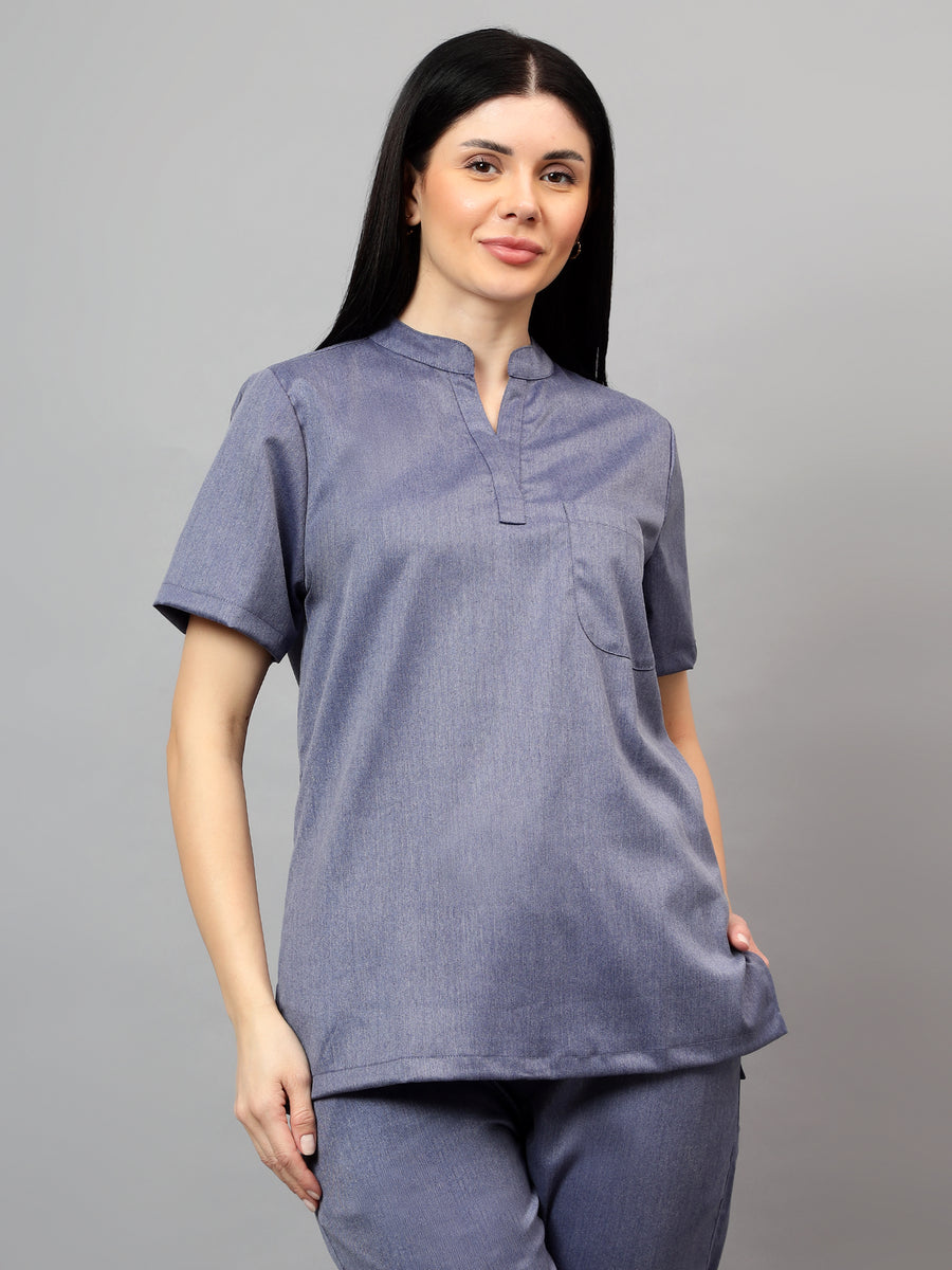 Stretchable (2Way) Female Denim Blue Textured Mandarin Neck Scrub Top ...