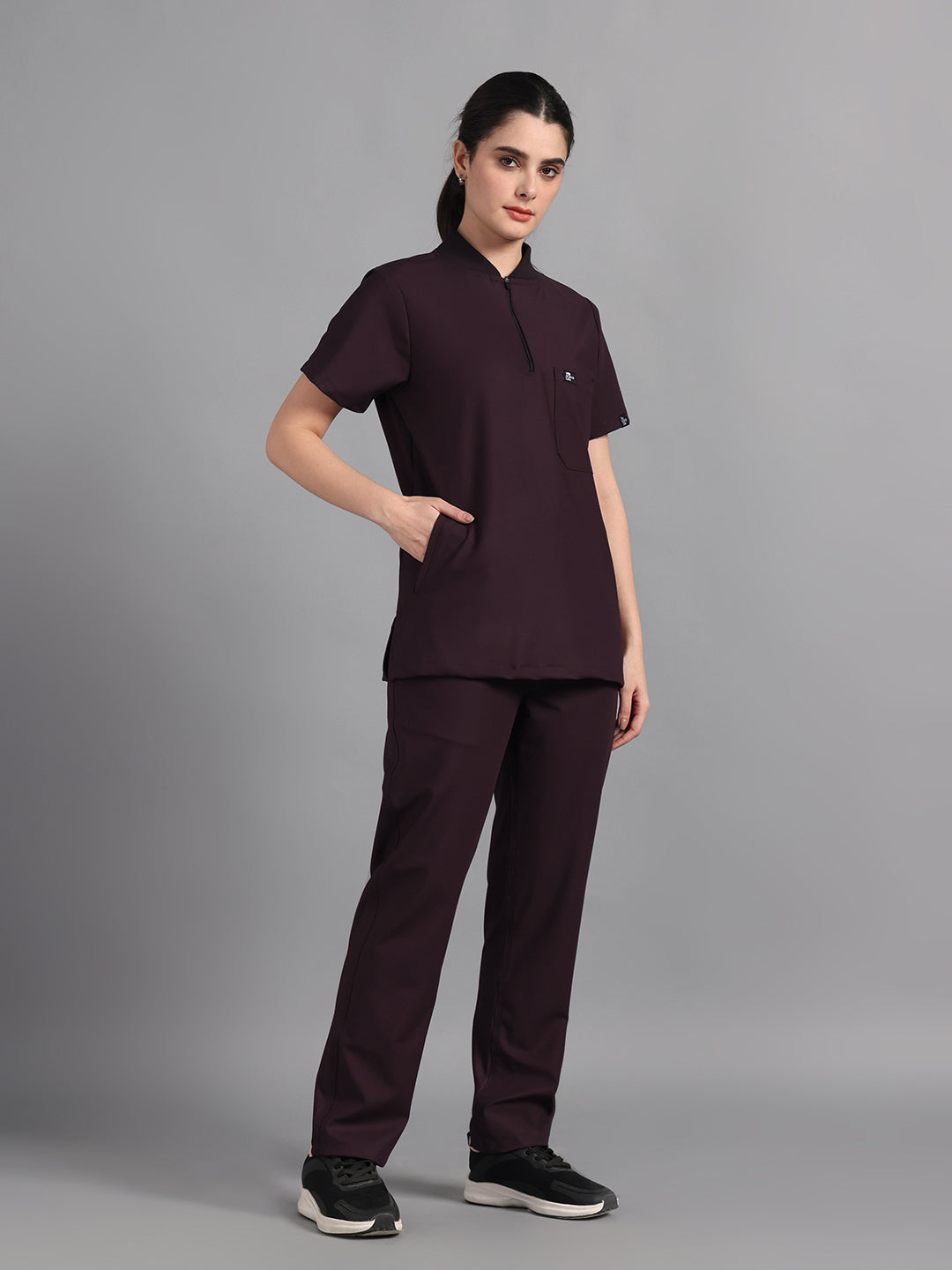 Stretchable (4Way) Wine Female Flex Zip Neckline Top With Straight Pan ...