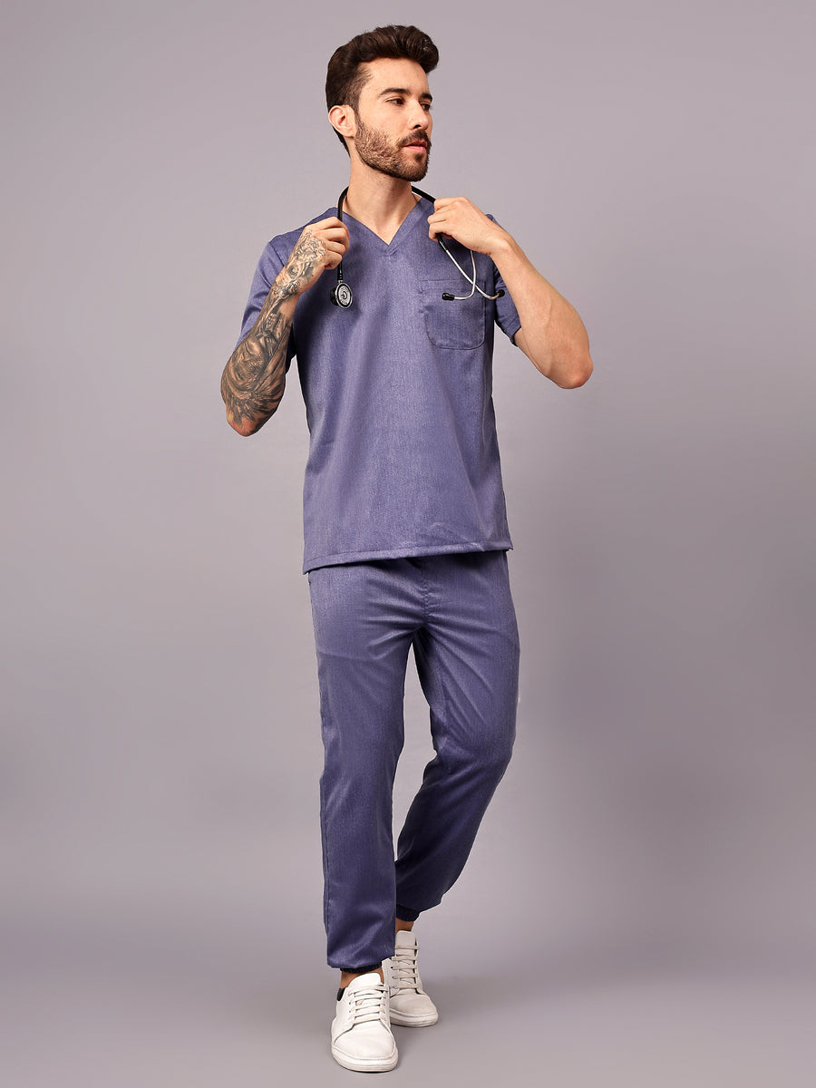Stretchable (2Way) Male Denim Blue Texture V-Neck With Jogger Scrub Se ...