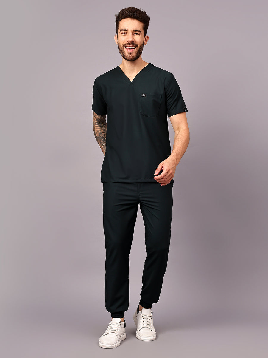 Stretchable (4Way) Male Mid Night Green V-Neck With Jogger Scrub Set ...